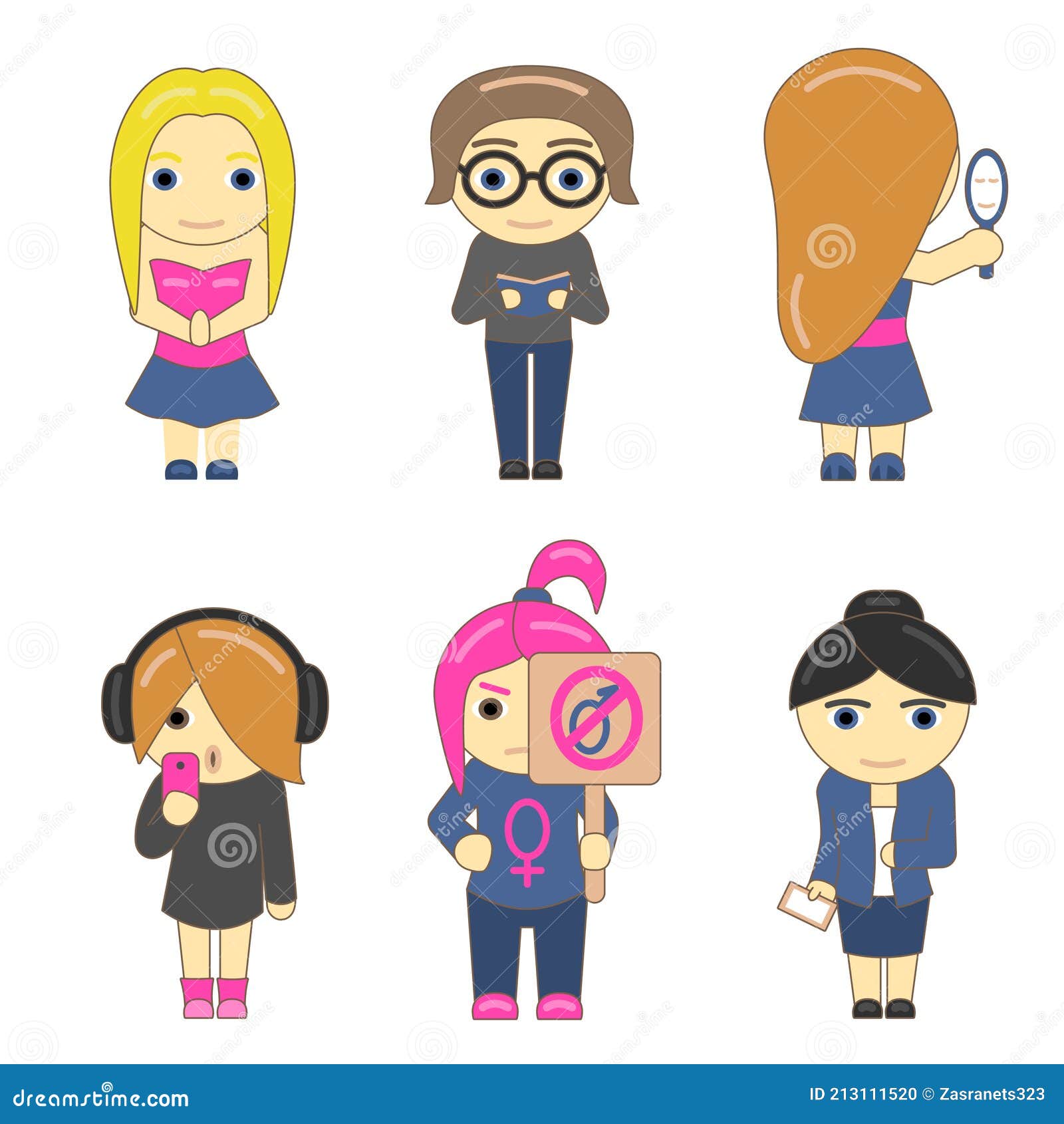 Set of Different Types of Girls. Stock Vector - Illustration of glasses ...