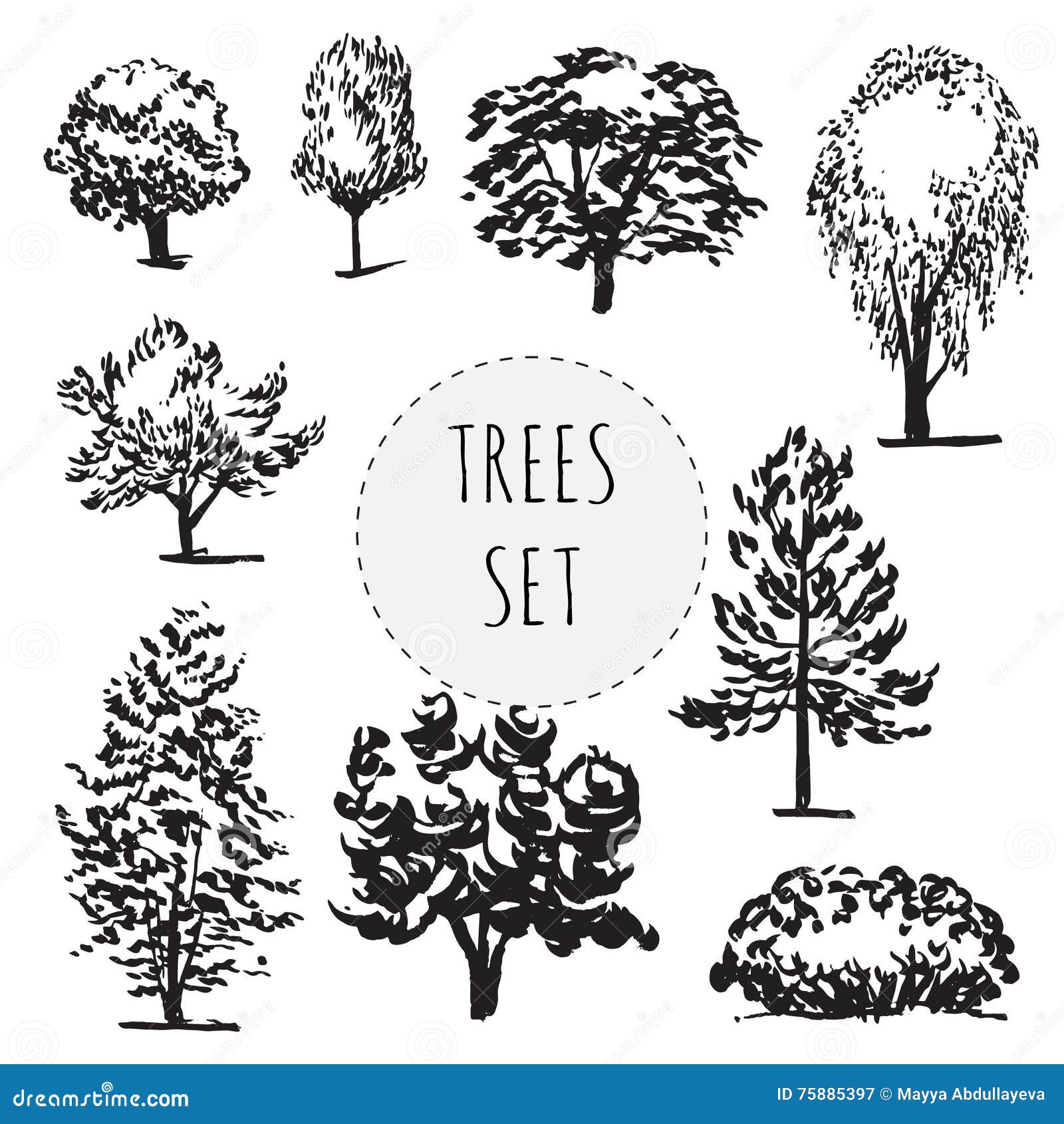 Set of Different Types Hand Drawn Trees Stock Vector - Illustration of ...