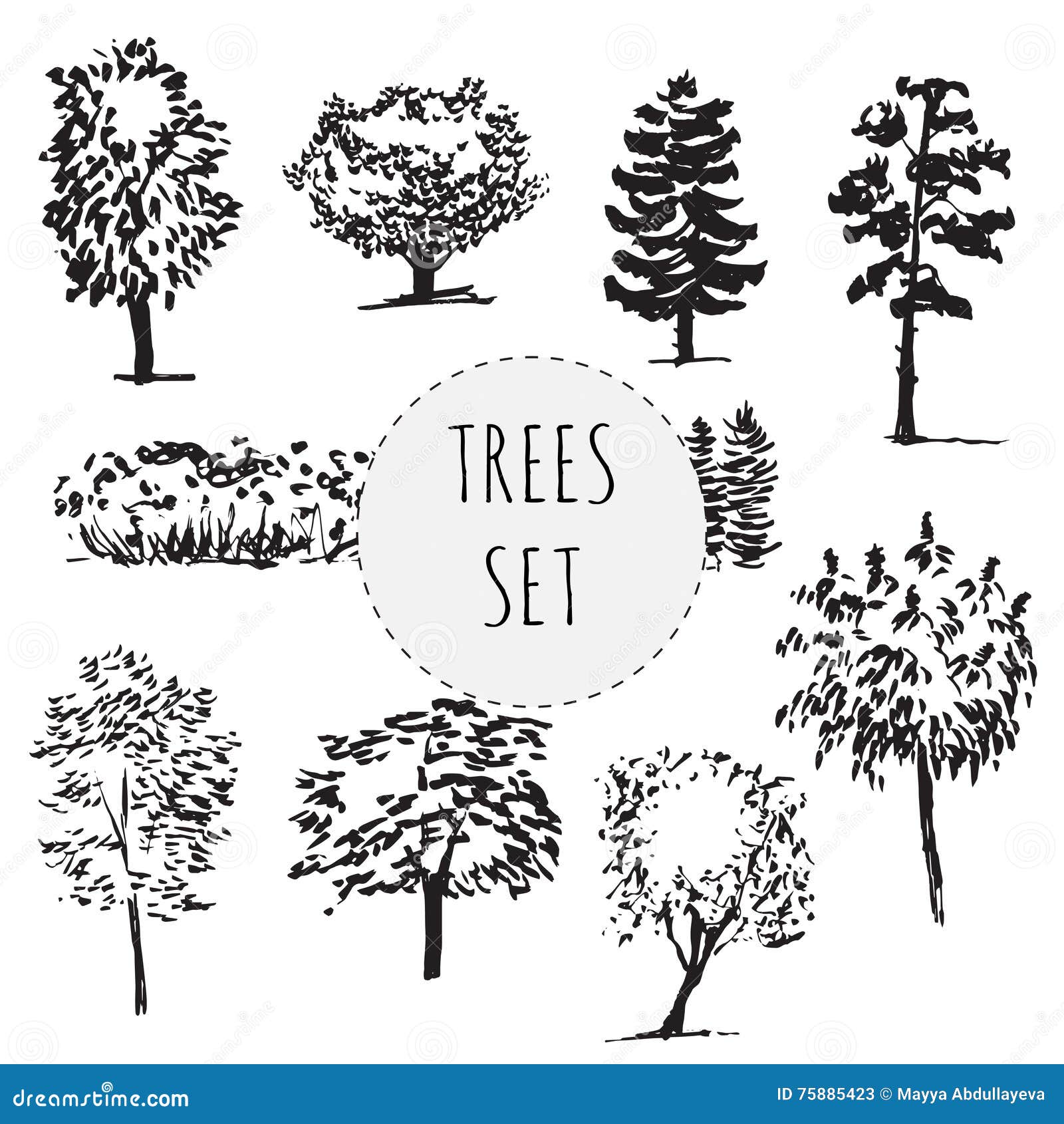 Set of Different Types Hand Drawn Trees Stock Vector - Illustration of ...