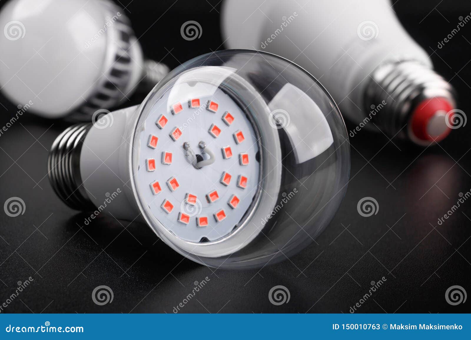 Set with Different Types of LED Bulbs on Black Background. Close Up ...