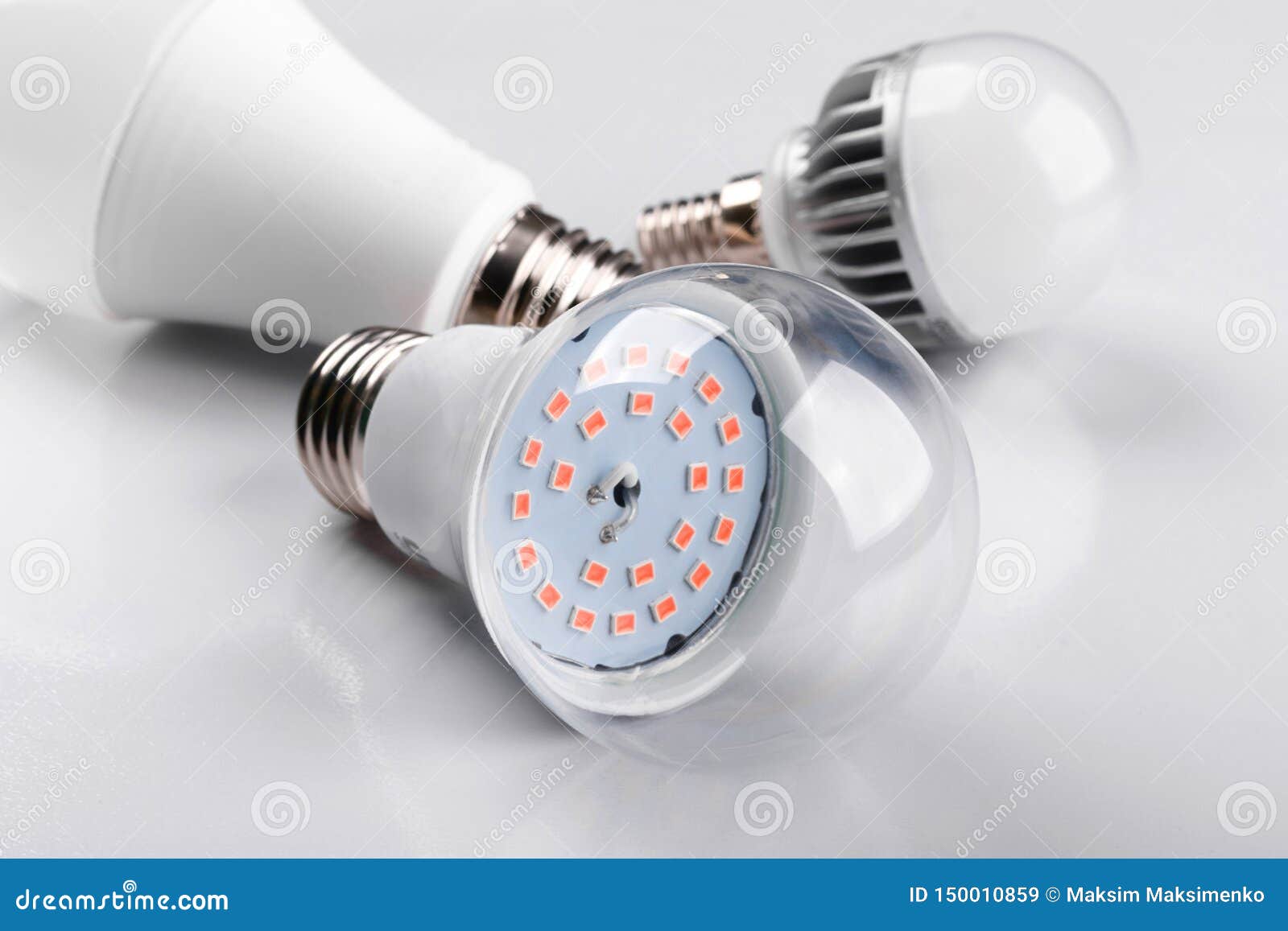Set with Different Types of LED Bulbs on White Background. Selective ...