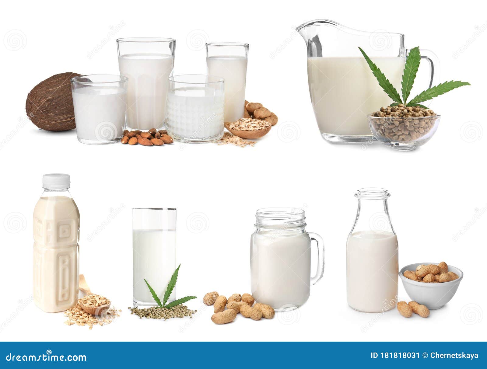 Set with Different Types of Organic Milk on Background. Natural Drinks ...