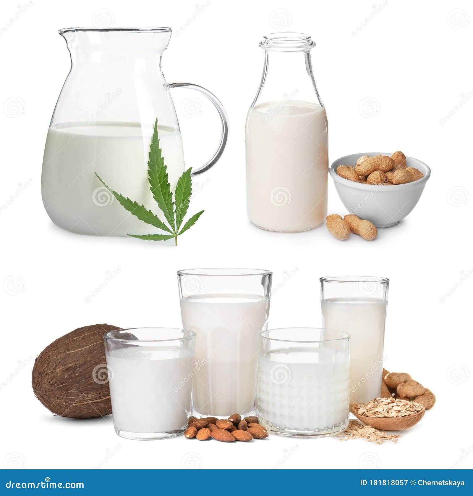 Set with Different Types of Organic Milk on Background. Natural Drinks ...