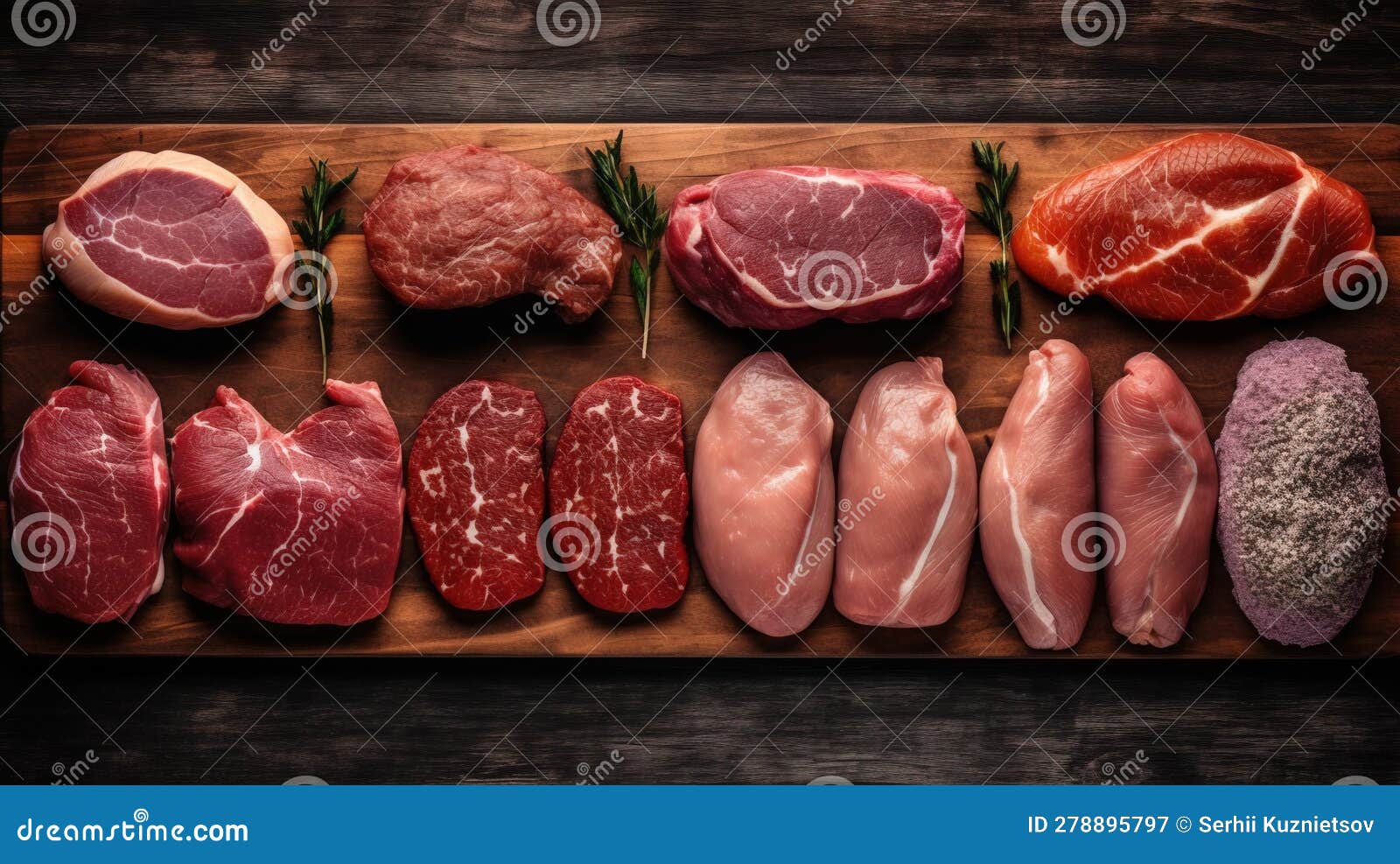 Set of Different Types of Raw Meat. Top View on the Table. Black ...