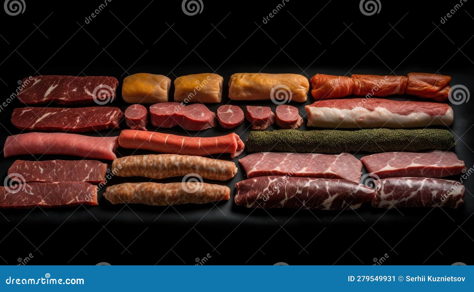 Set of Different Types of Raw Meat. Top View on the Table. Black ...