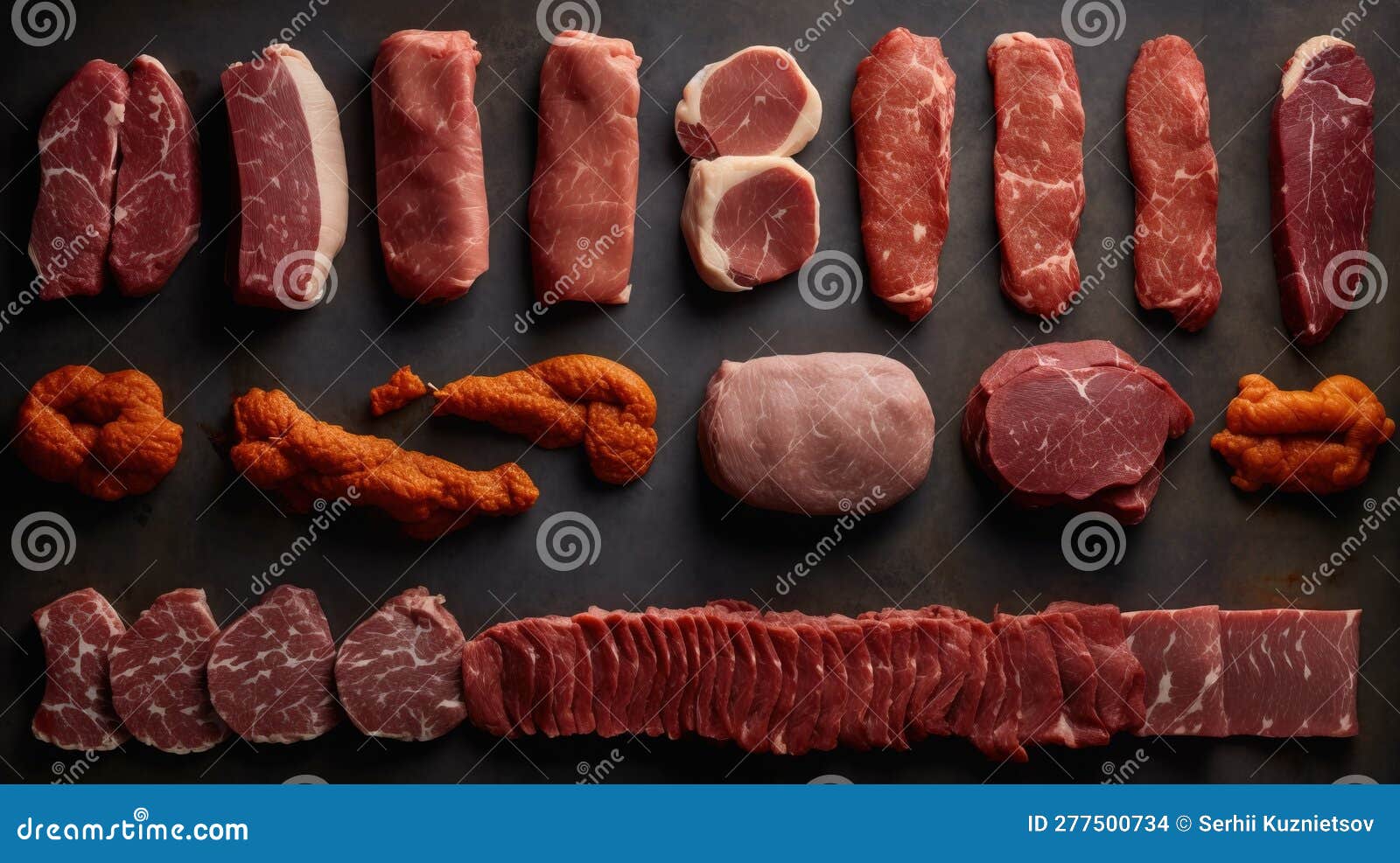Set of Different Types of Raw Meat. Top View on the Table. Black ...