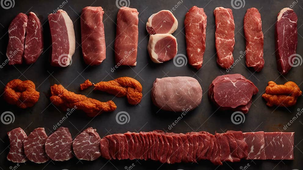 Set of Different Types of Raw Meat. Top View on the Table. Black ...