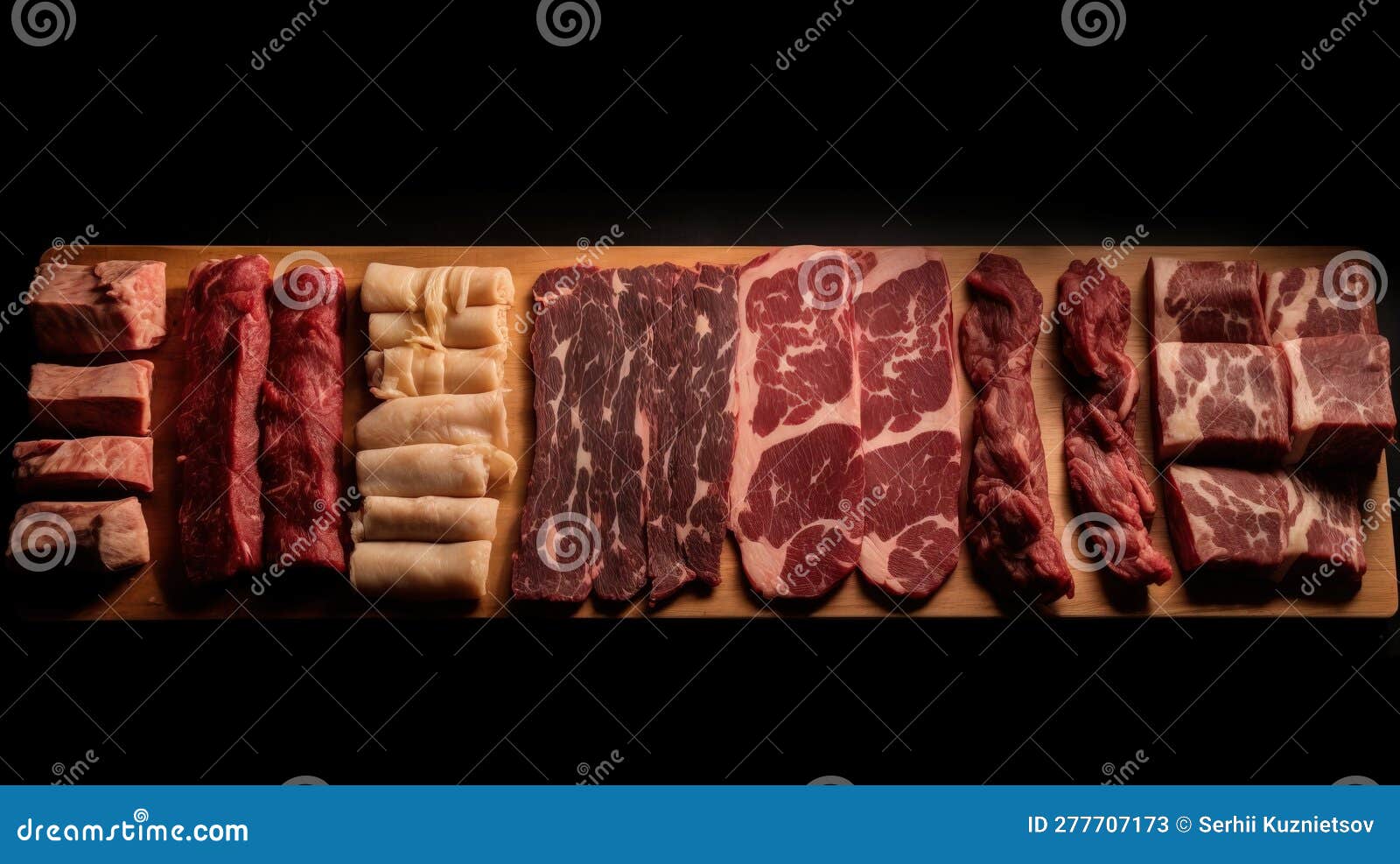 Set of Different Types of Raw Meat. Top View on the Table. Black ...
