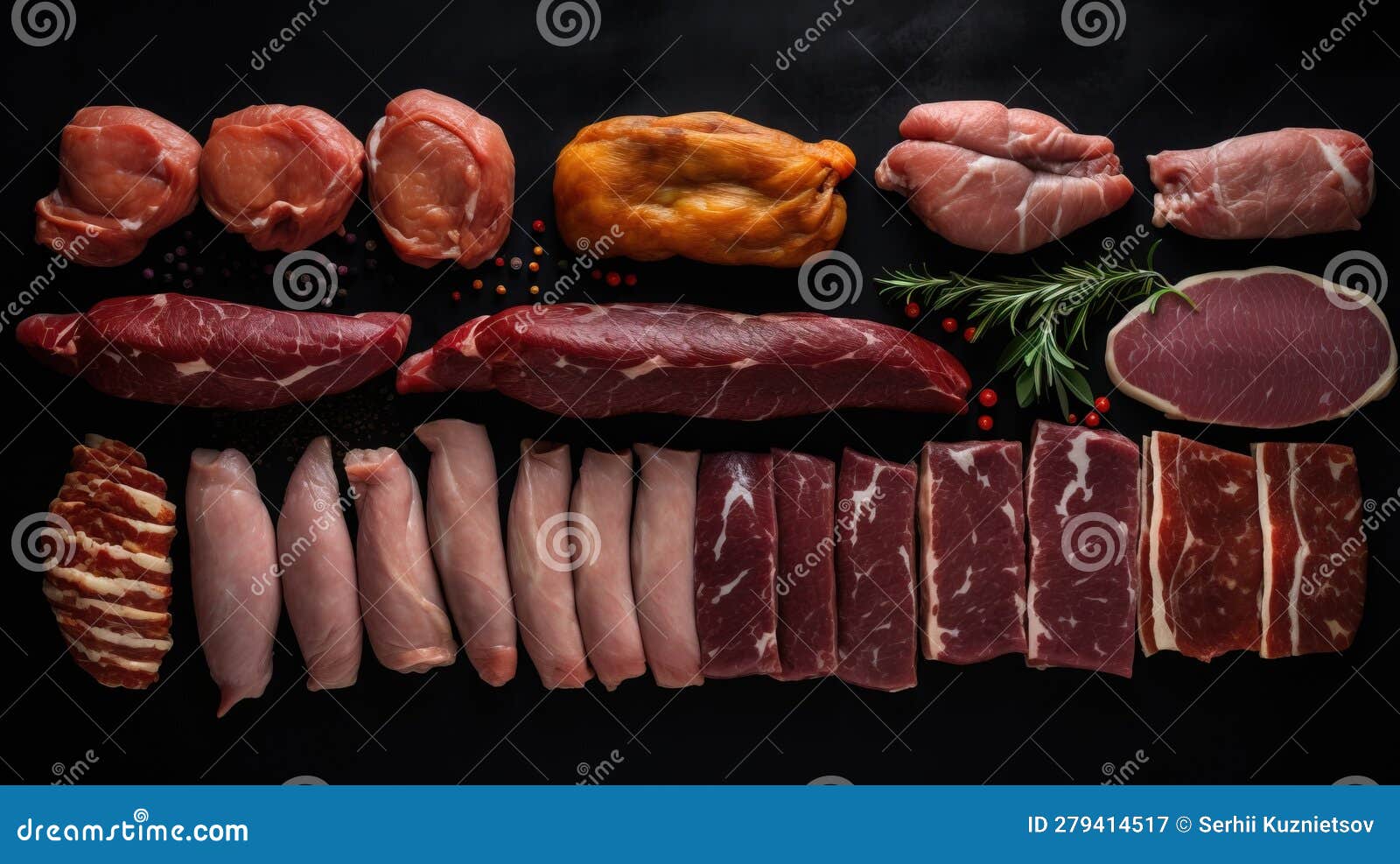 Set of Different Types of Raw Meat. Top View on the Table. Black ...