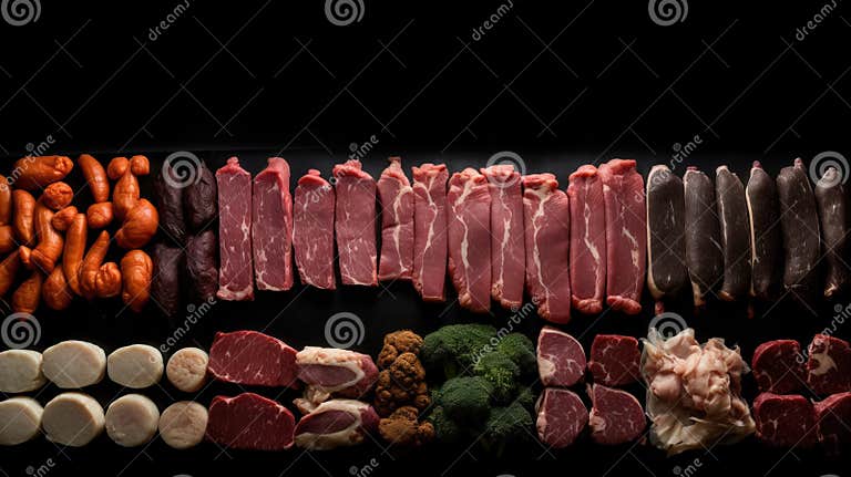 Set of Different Types of Raw Meat. Top View on the Table. Black ...