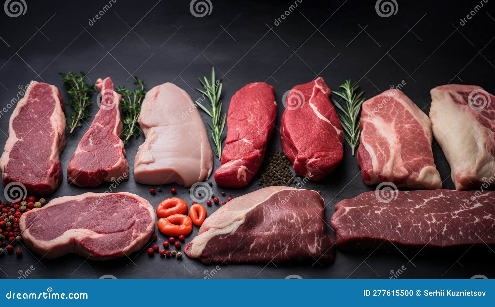 Set of Different Types of Raw Meat. Top View on the Table. Black ...