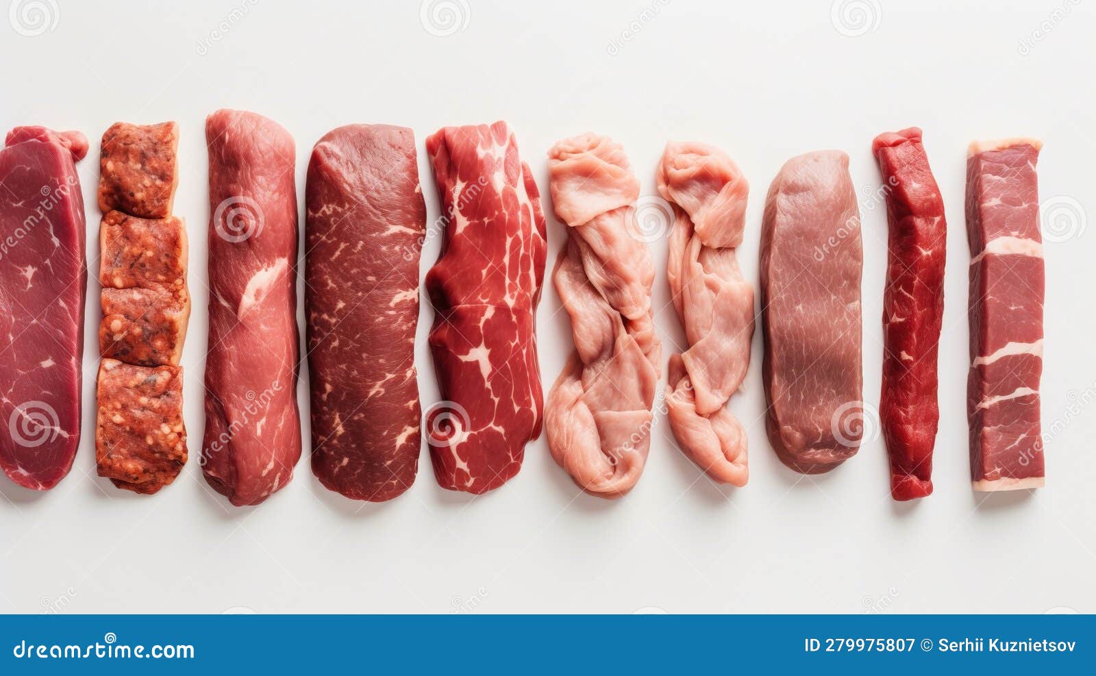 Set of Different Types of Raw Meat. Top View on the Table. White ...