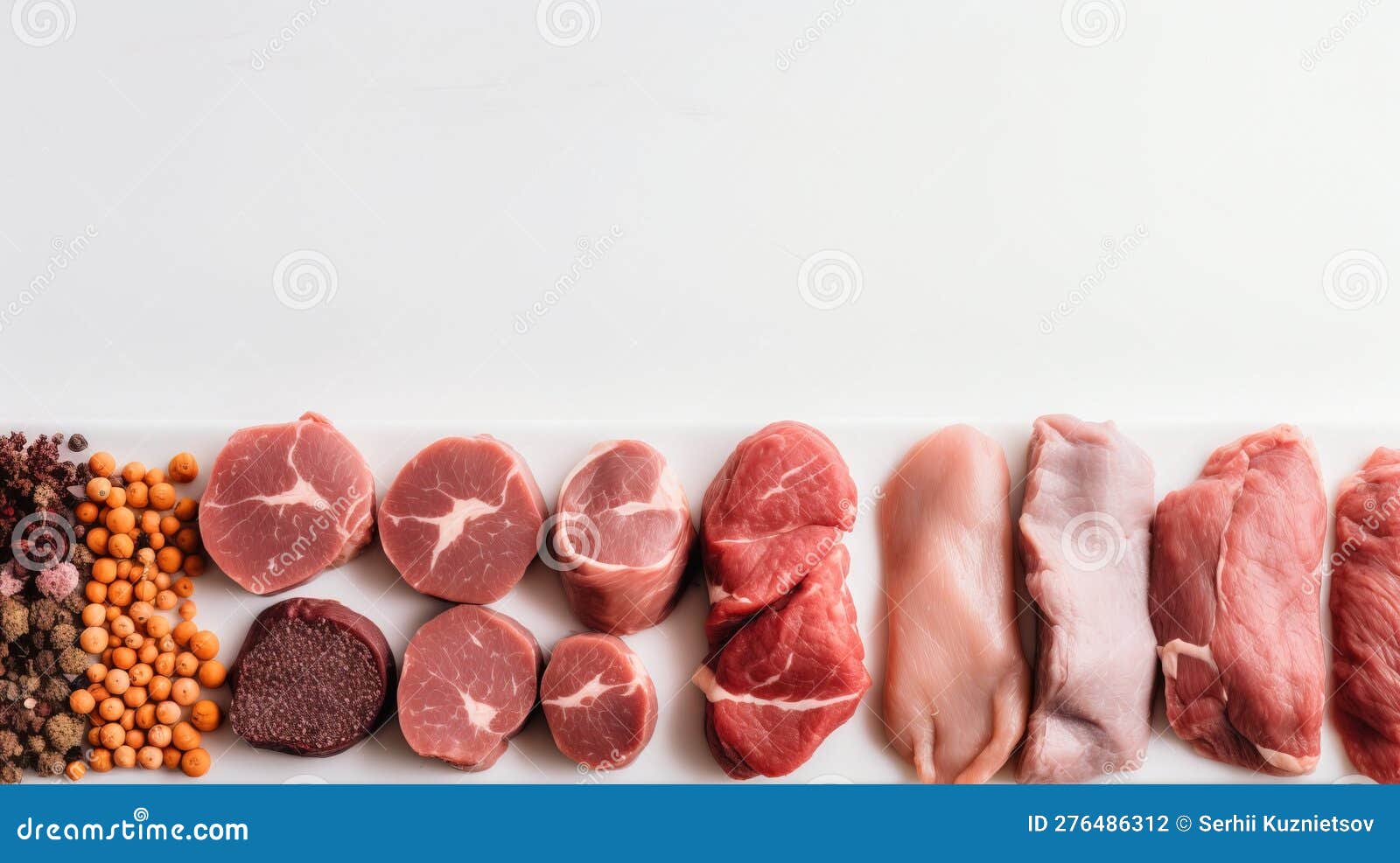 Set of Different Types of Raw Meat. Top View on the Table. White ...