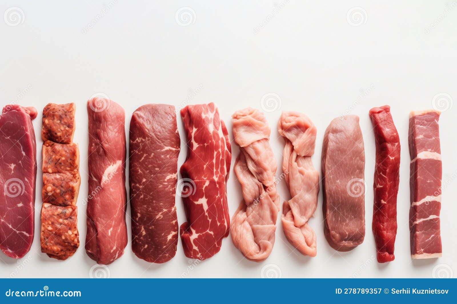 Set of Different Types of Raw Meat. Top View on the Table. White ...