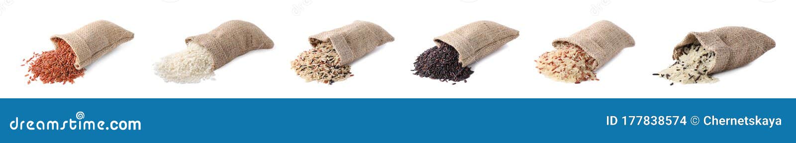 Set with Different Types of Rice in Bags on Background. Banner Design ...