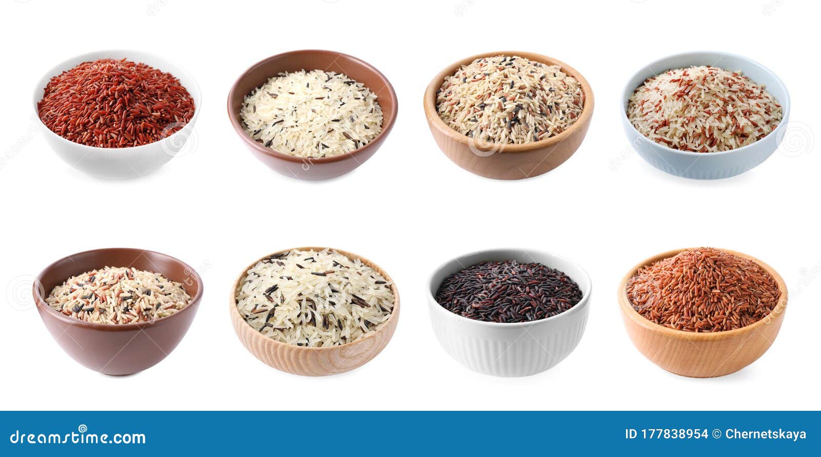 Set with Different Types of Rice in Bowls on Background. Banner Design ...