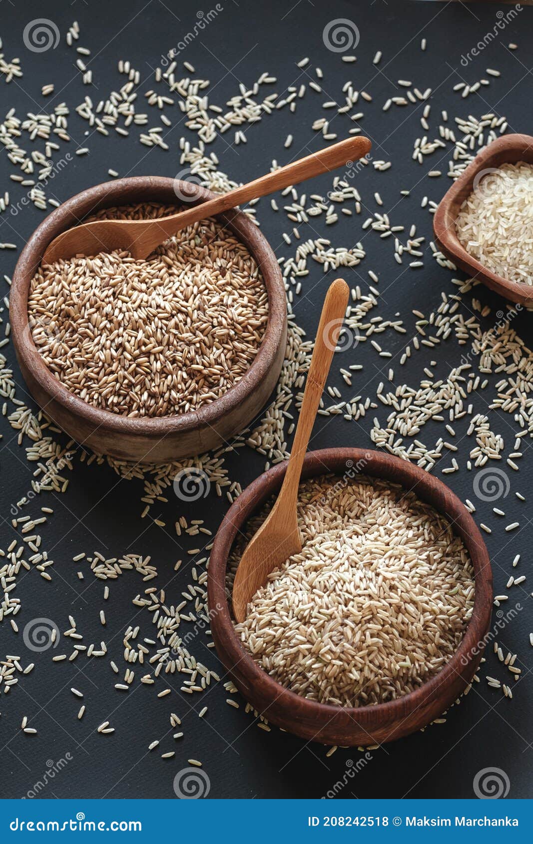 Set of Different Types of Rice and Cereals in Wooden Bowls and Stock ...