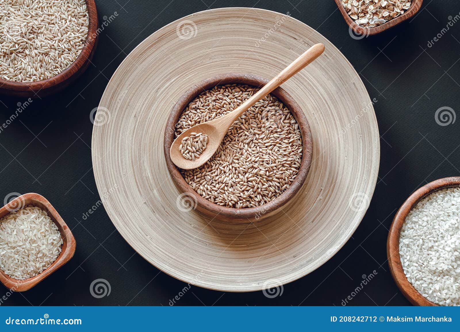 Set of Different Types of Rice and Cereals in the Wooden Bowls a Stock ...