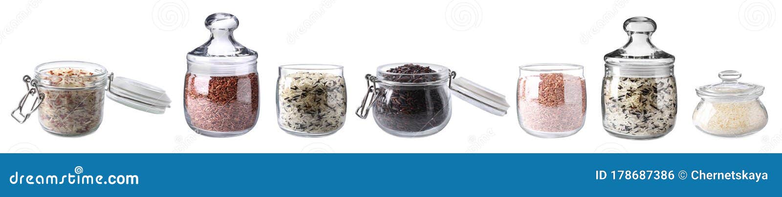Set With Different Types Of Rice In Jars On Background. Banner Design ...