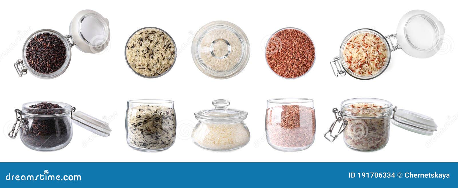Set With Different Types Of Rice In Jars On Background. Banner Design ...