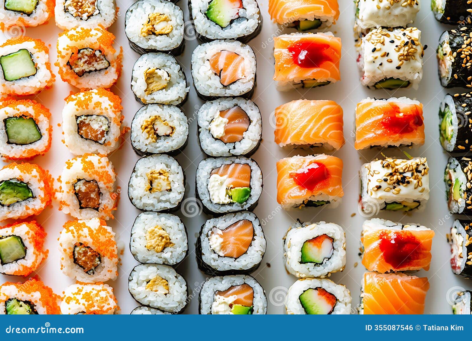 Set of Different Types of Rolls with Salmon, Rice and Cucumber Close-up ...