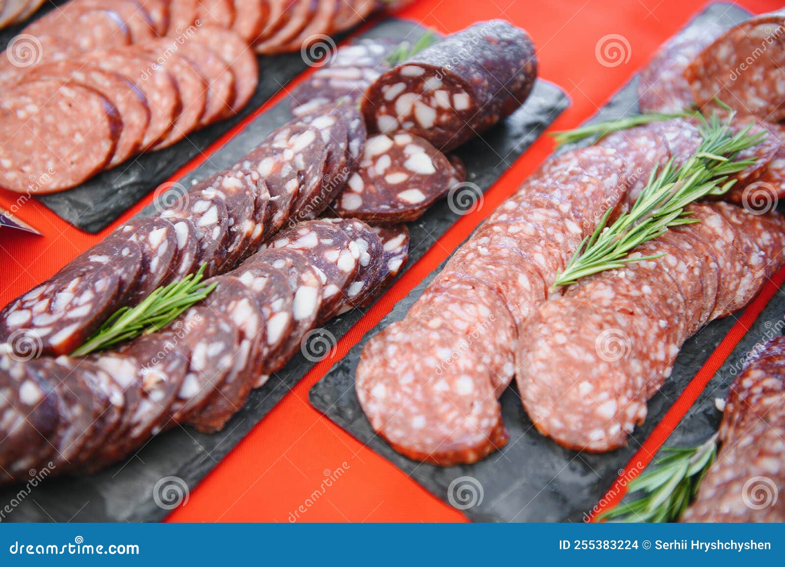 Set of Different Types of Sausages, Salami and Smoked Meat with Basil ... Set of Different Types of Sausages, Salami and Smoked Meat with Basil ...