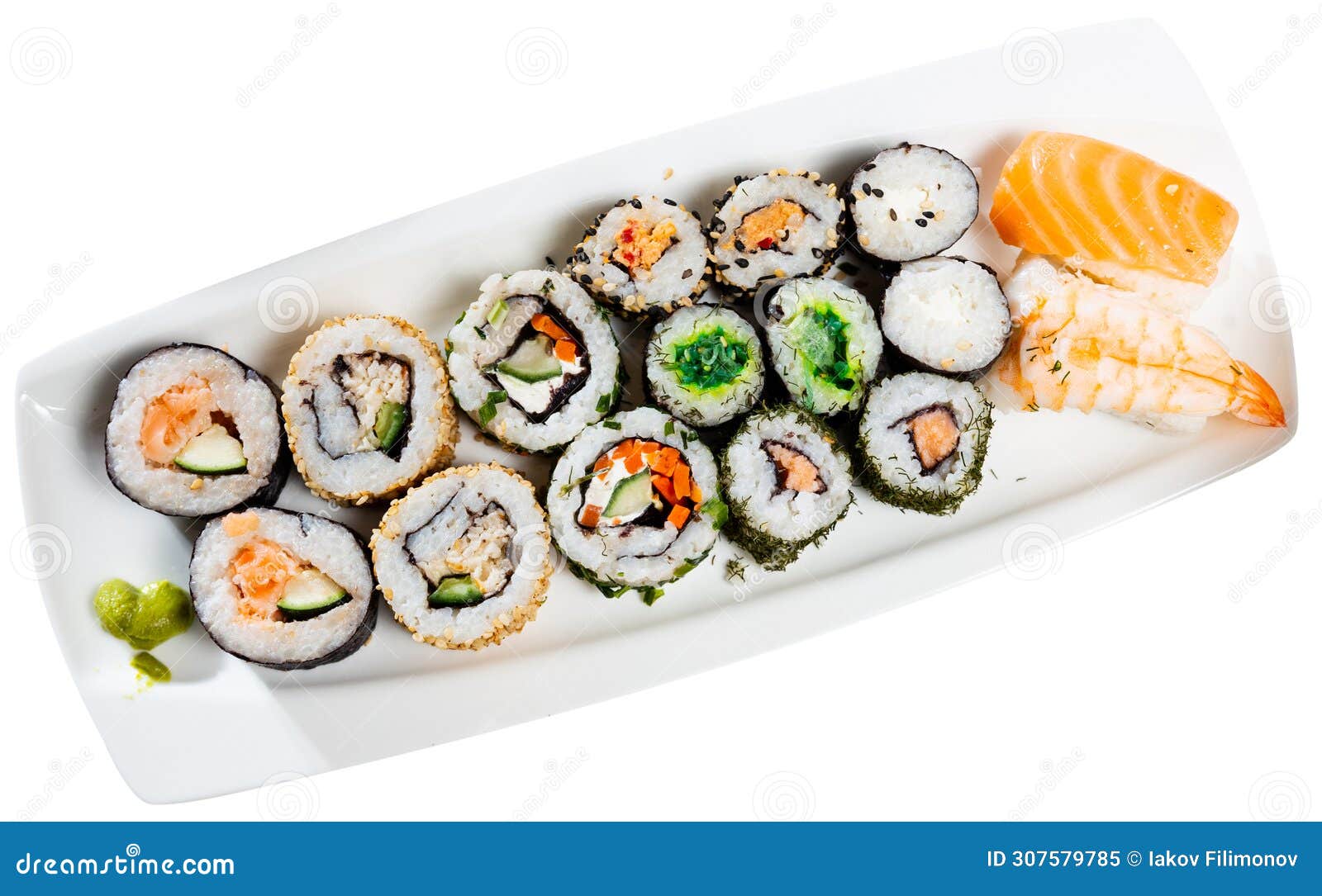 Set Of Different Types Of Sushi Served With Sauce Soy On Board In Cafe Stock Image Image Of