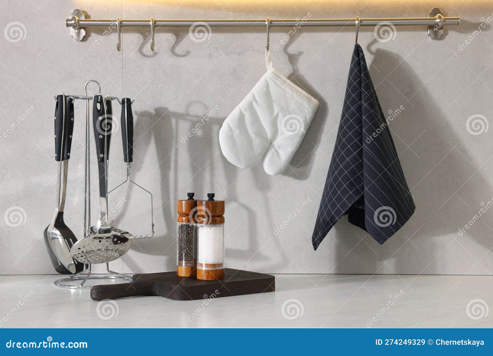 Set of Different Utensils on Countertop in Kitchen Stock Image - Image ...