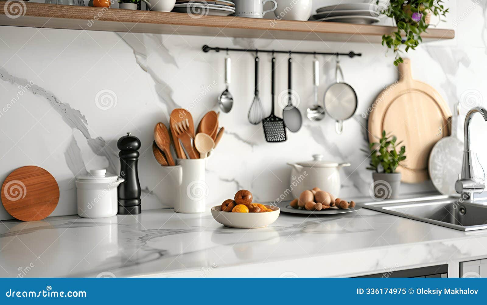 Set of Different Utensils and Dishes on Countertop in Kitchen Stock ...