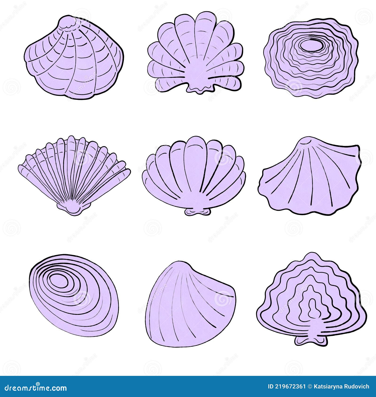 Set of Different Violet Shells Stock Illustration - Illustration of ...