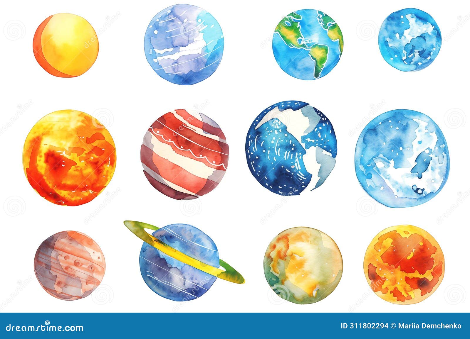 Set of Different Watercolor Painted Planet Illustration on White ...