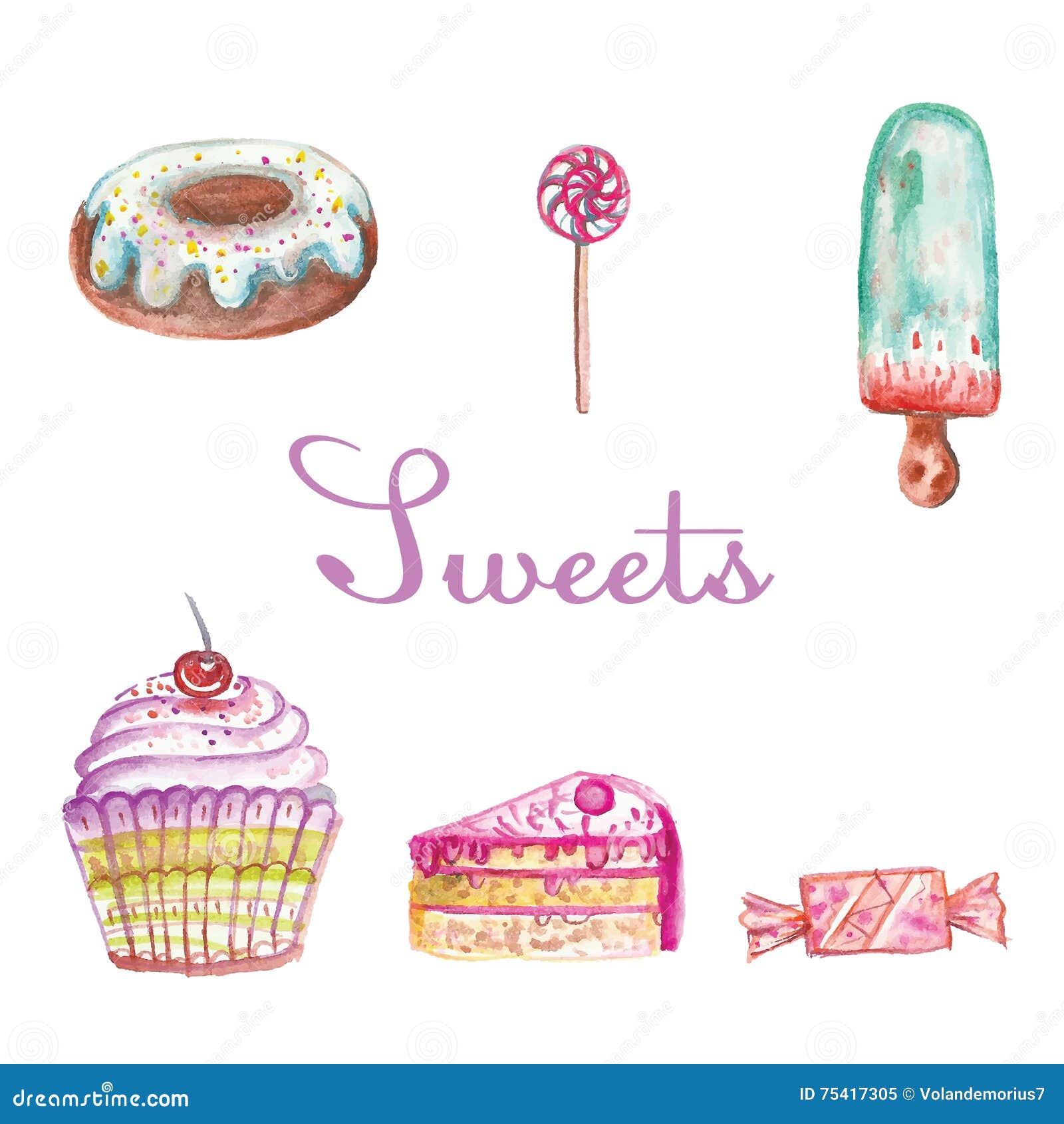 Set of Different Watercolor Sweets Stock Vector - Illustration of sweet ...