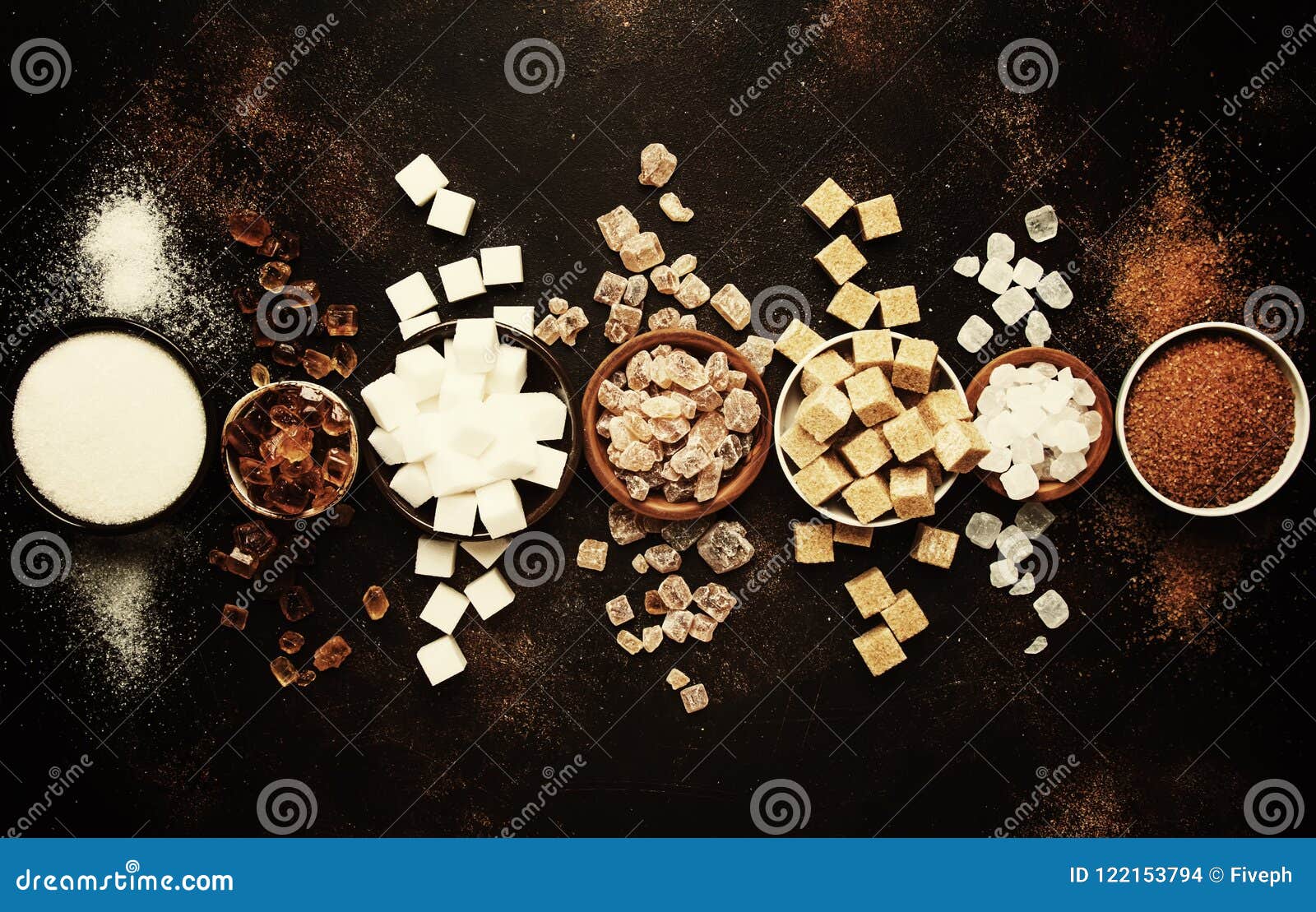 Set of Different White and Brown Sugar in Assortment, Dark Background ...