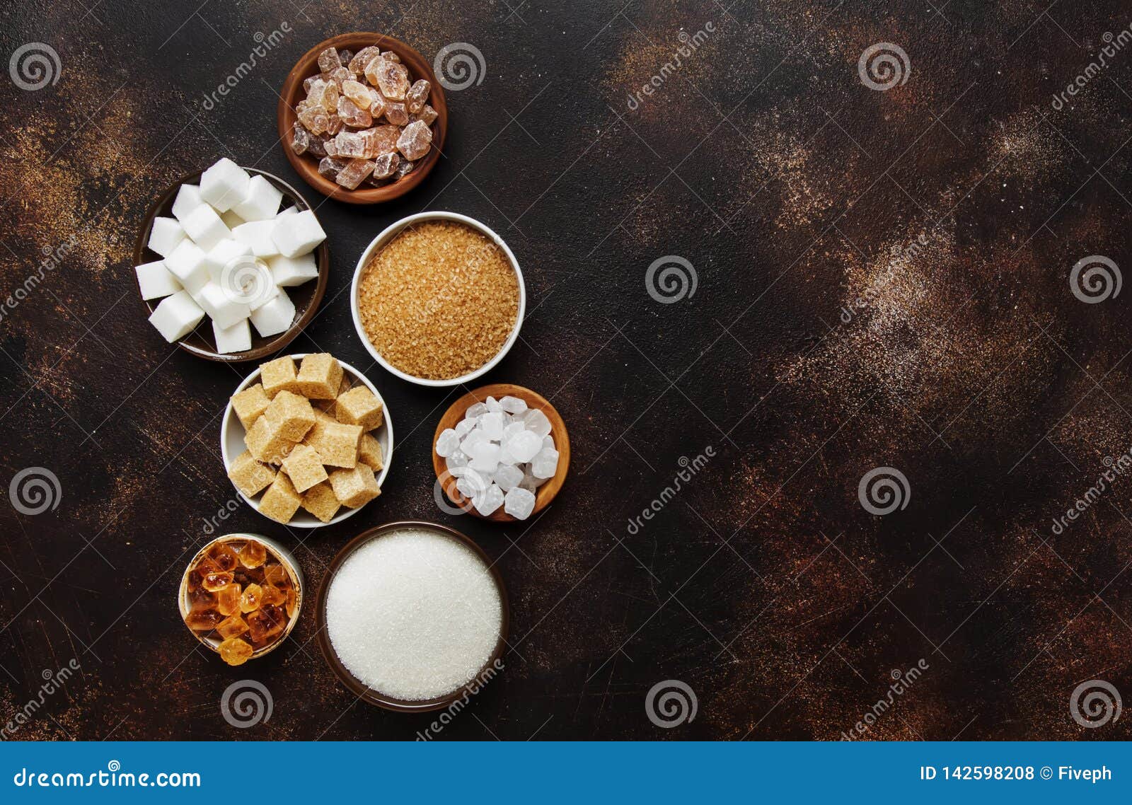 Set of Different White and Brown Sugar in Assortment, Dark Background ...