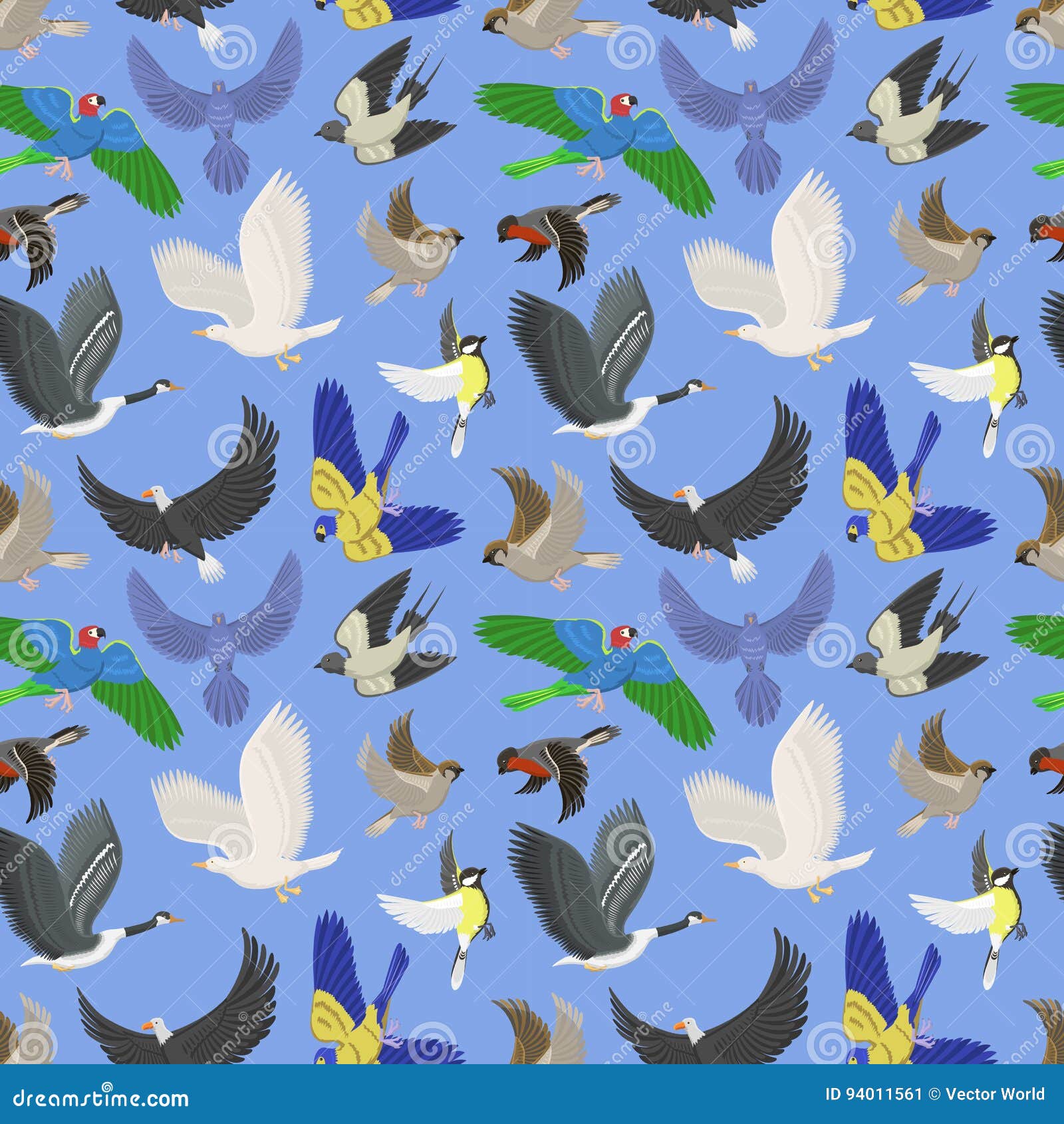 Set of Different Wing Wild Flying Birds Seamless Pattern Background ...
