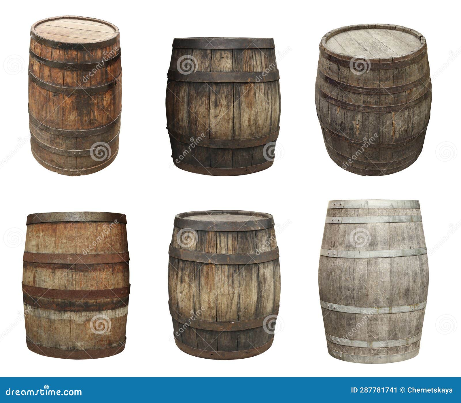 Set with Different Wooden Barrels Isolated on White Stock Image - Image ...