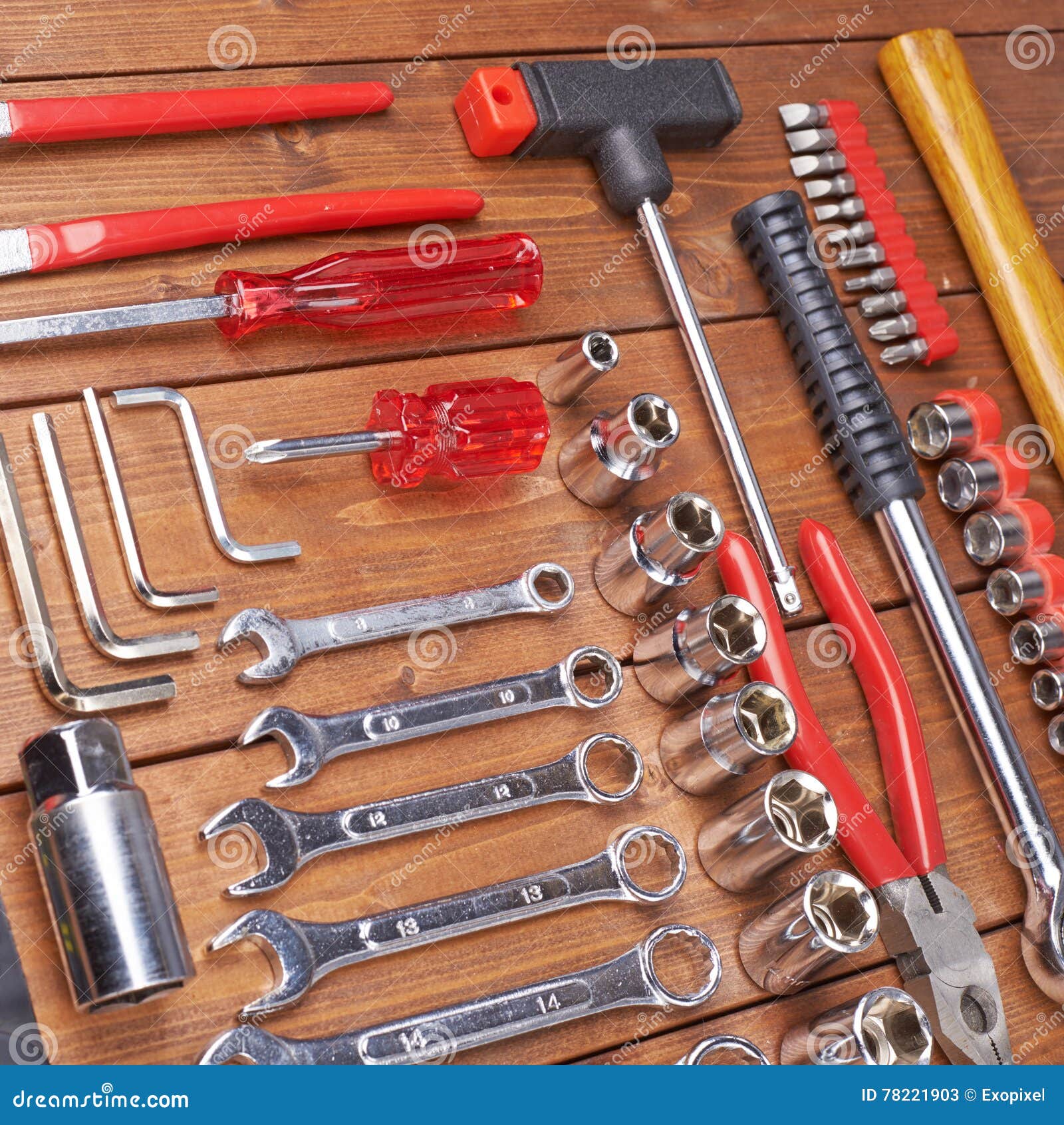 Set of Different Work Tools on Wooden Surface Stock Image - Image of ...