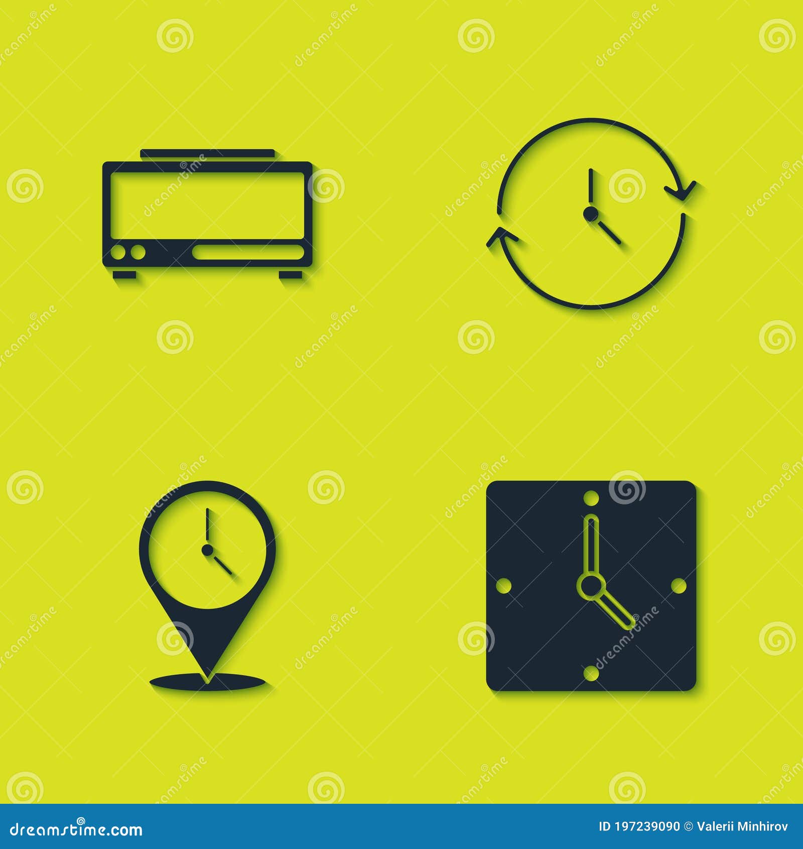 Set Digital Alarm Clock, Clock, Location with and Icon. Vector Stock ...