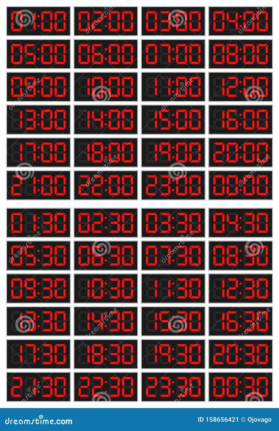 Set of Digital Clocks for Business Hours Isolated on White. 24 Hours ...