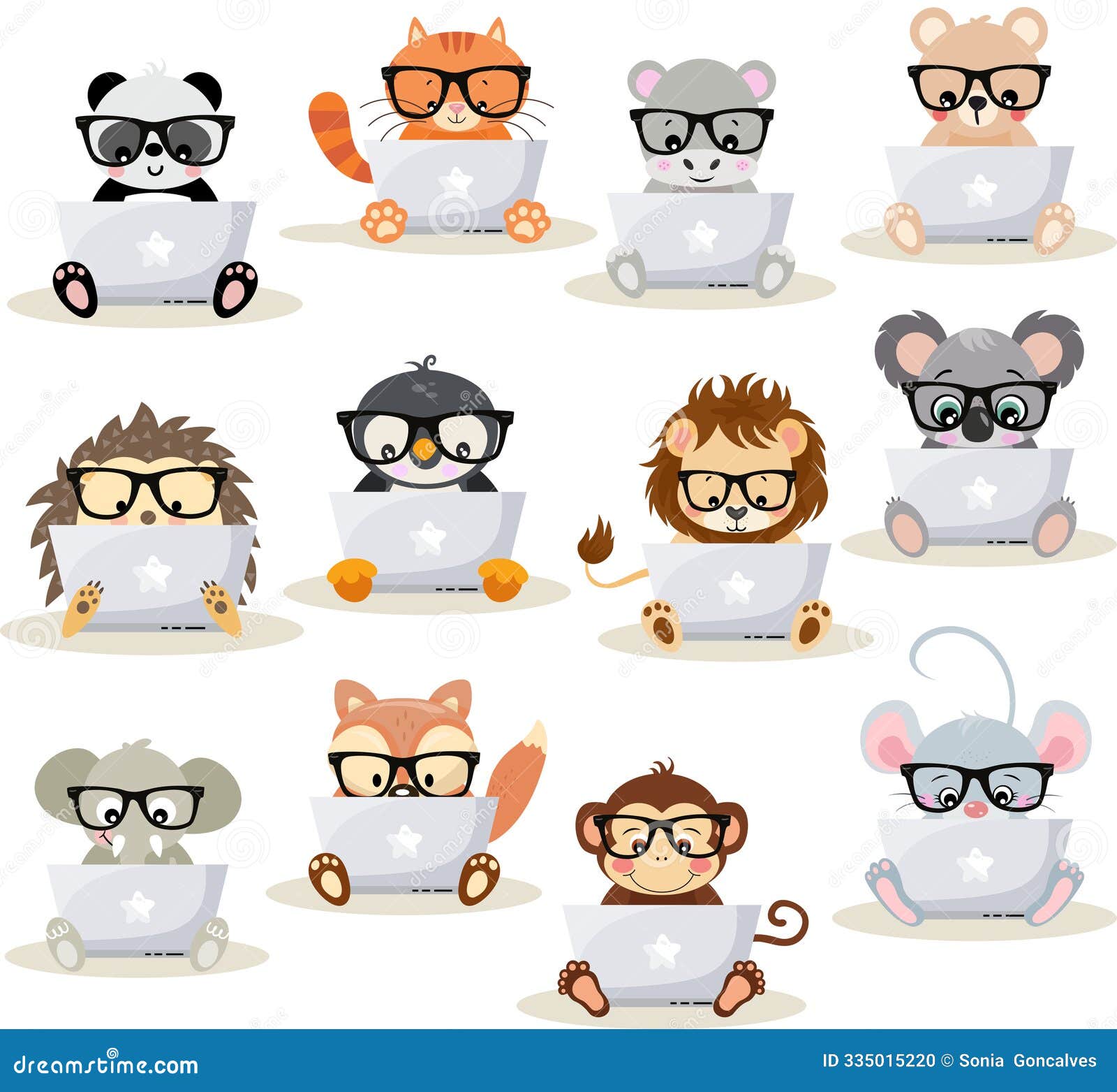 Set Digital Collage of Cute Animals Working with Laptop Stock ...