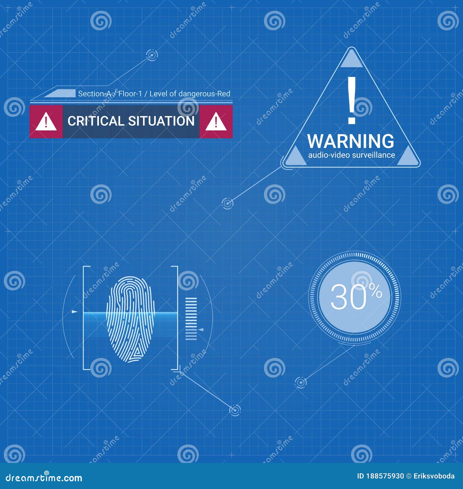 Set of Digital Sign in on Blueprint Background. Warning, Finger Scanner ...