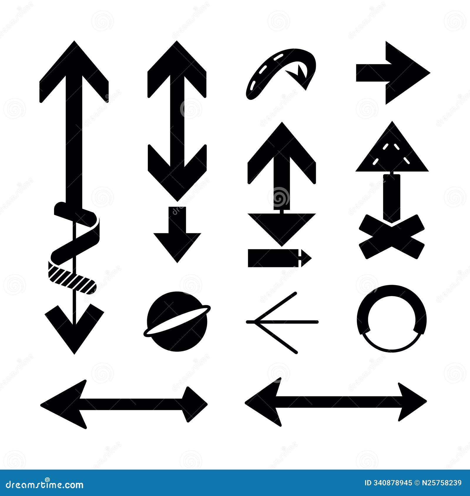 Set of Directional Arrows with Simple and Complex Shapes. Black and ...