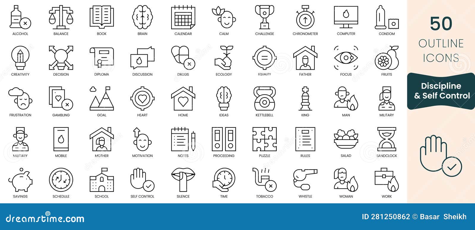 Set of Discipline and Self Control Icons. Thin Linear Style Icons Pack ...