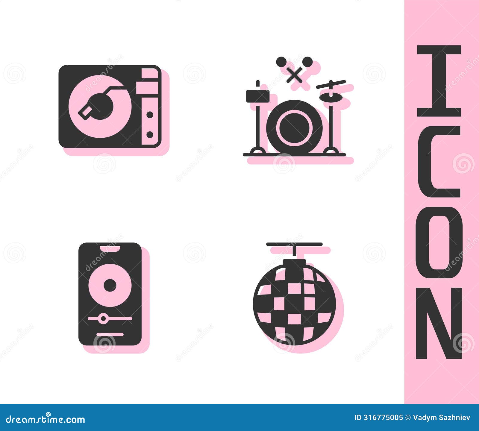 Set Disco Ball, Vinyl Player with Vinyl Disk, Music and Drums Icon ...