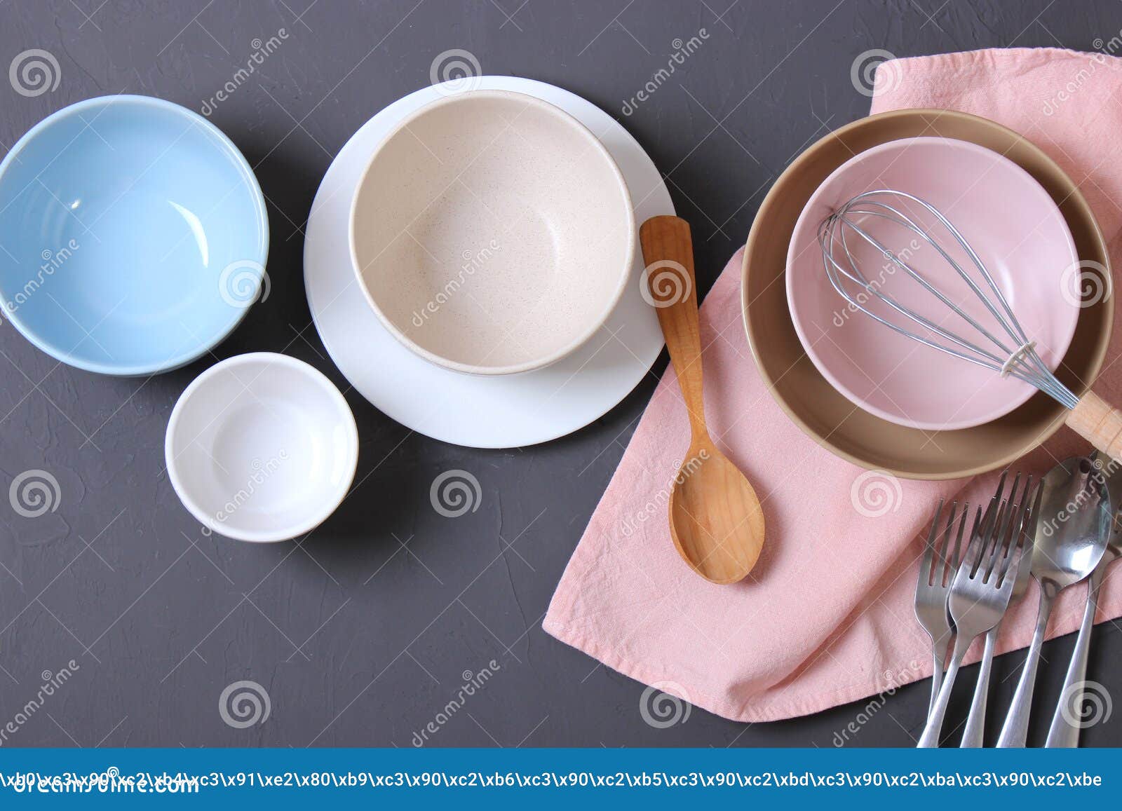 Set of Dishes and Kitchen Utensils Top View. Stock Photo - Image of ...