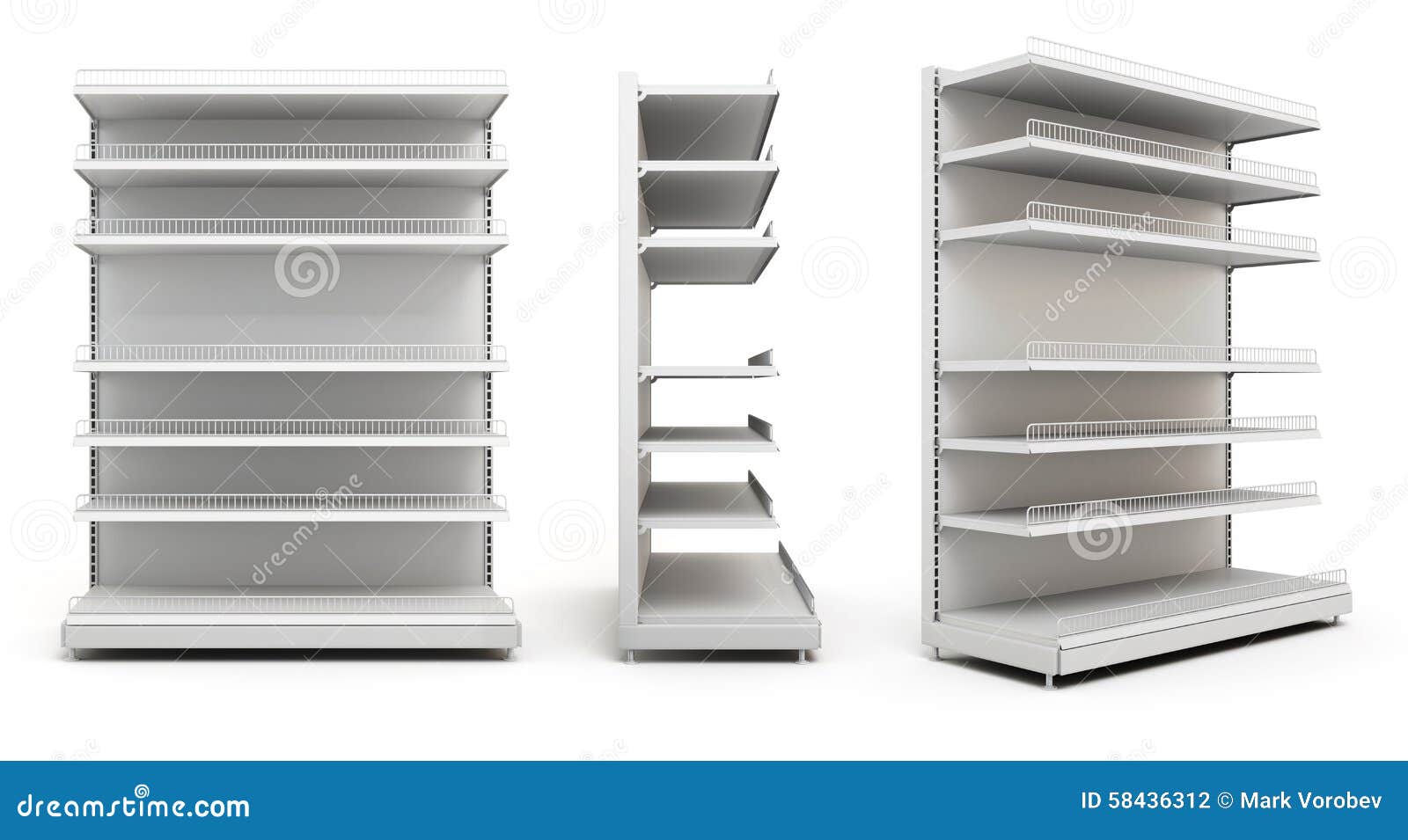 Set of Displays with Shelves on White Stock Photo - Image of render ...