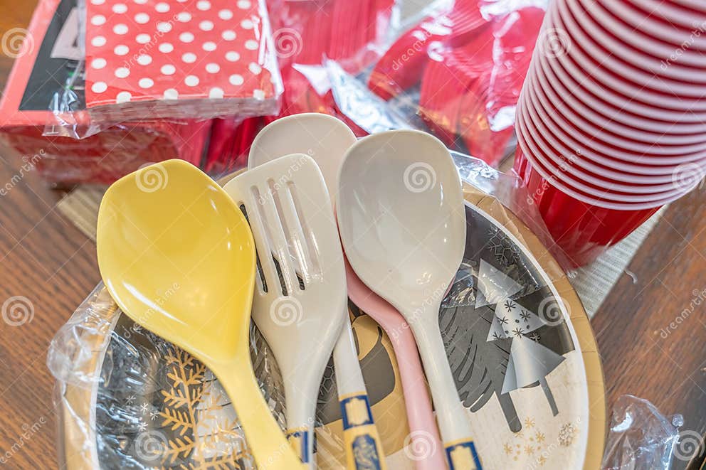 Set of Disposable Dinnerware for Serving at a Party Stock Image - Image ...