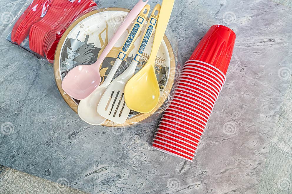Set of Disposable Dinnerware for Serving at a Party Stock Photo - Image ...