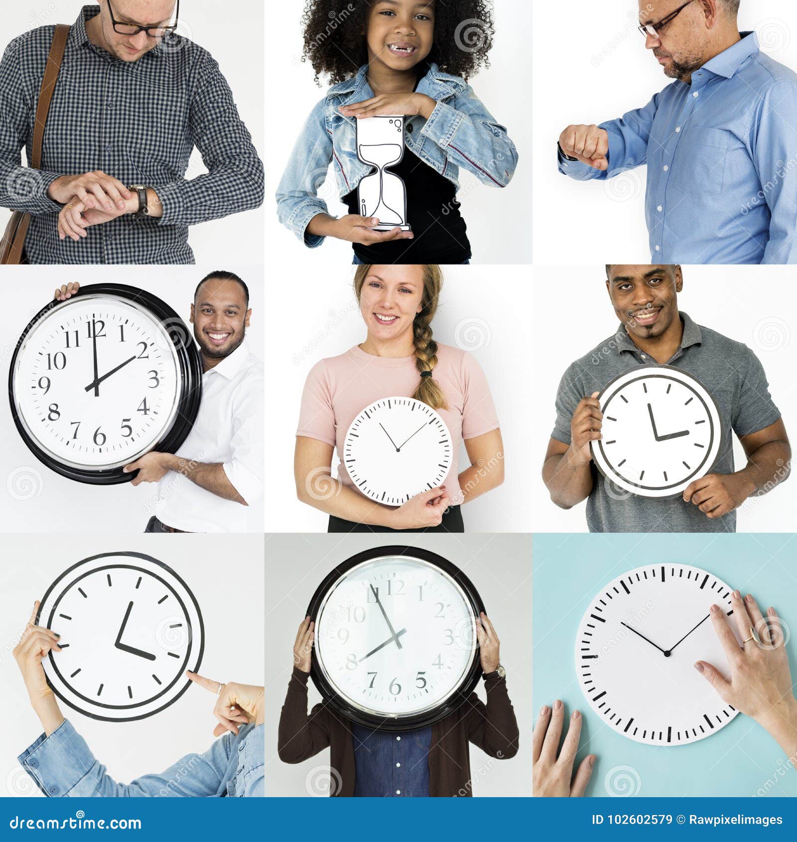 Set of Diverse People with Time Management Studio Collage Stock Image ...