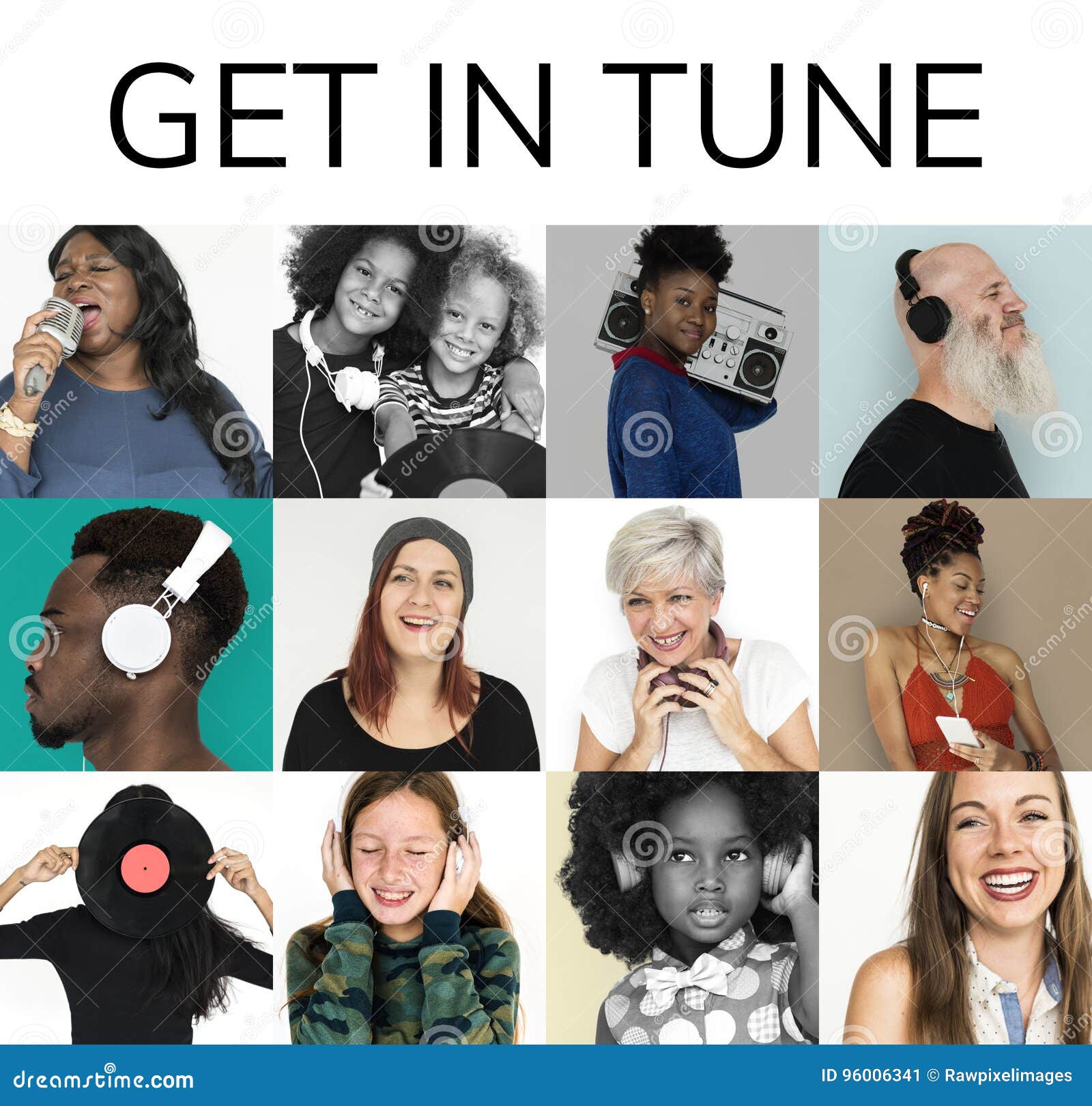 Set of Diversity People Get in Tune Music Collage Stock Image - Image ...